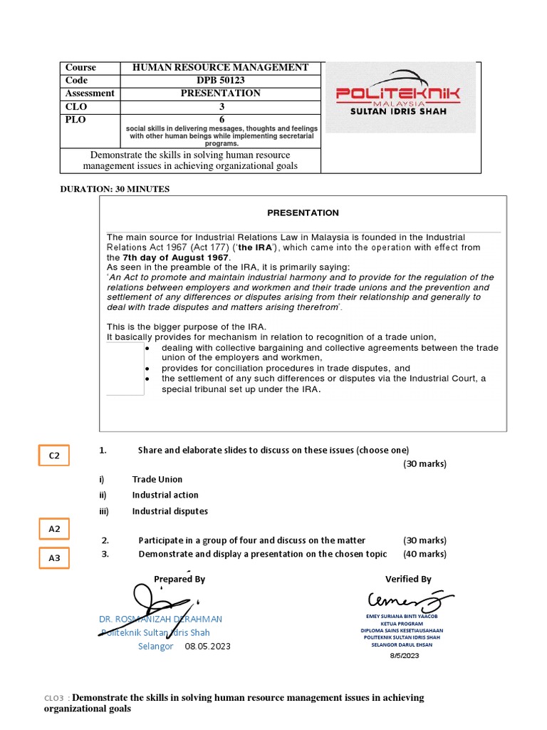 Course Human Resource Management Code DPB 50123 Assessment Presentation ...
