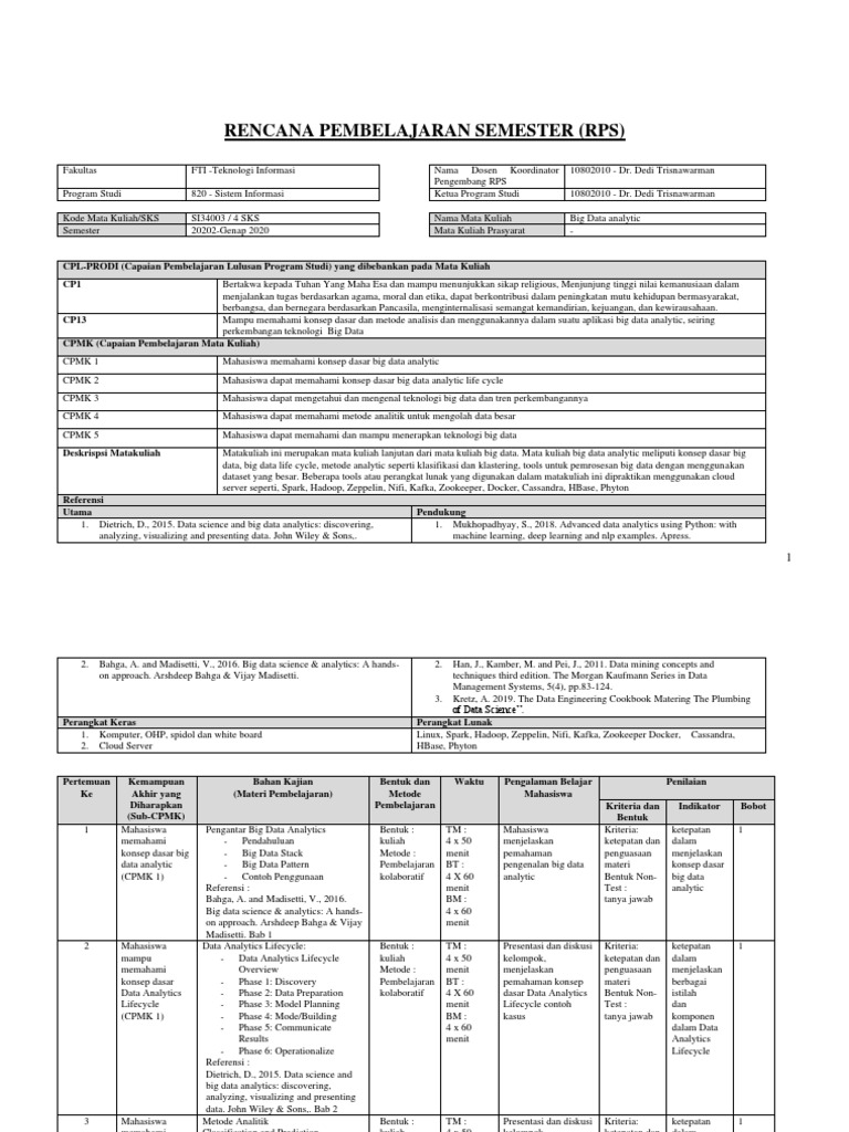 silabus-RPS Big Data Analytics - SI - SI34003 - (Pak Dedi) | PDF