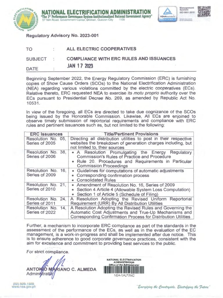 Regulatory Advisory No. 2023-001 - Compliance With ERC Rules and ...