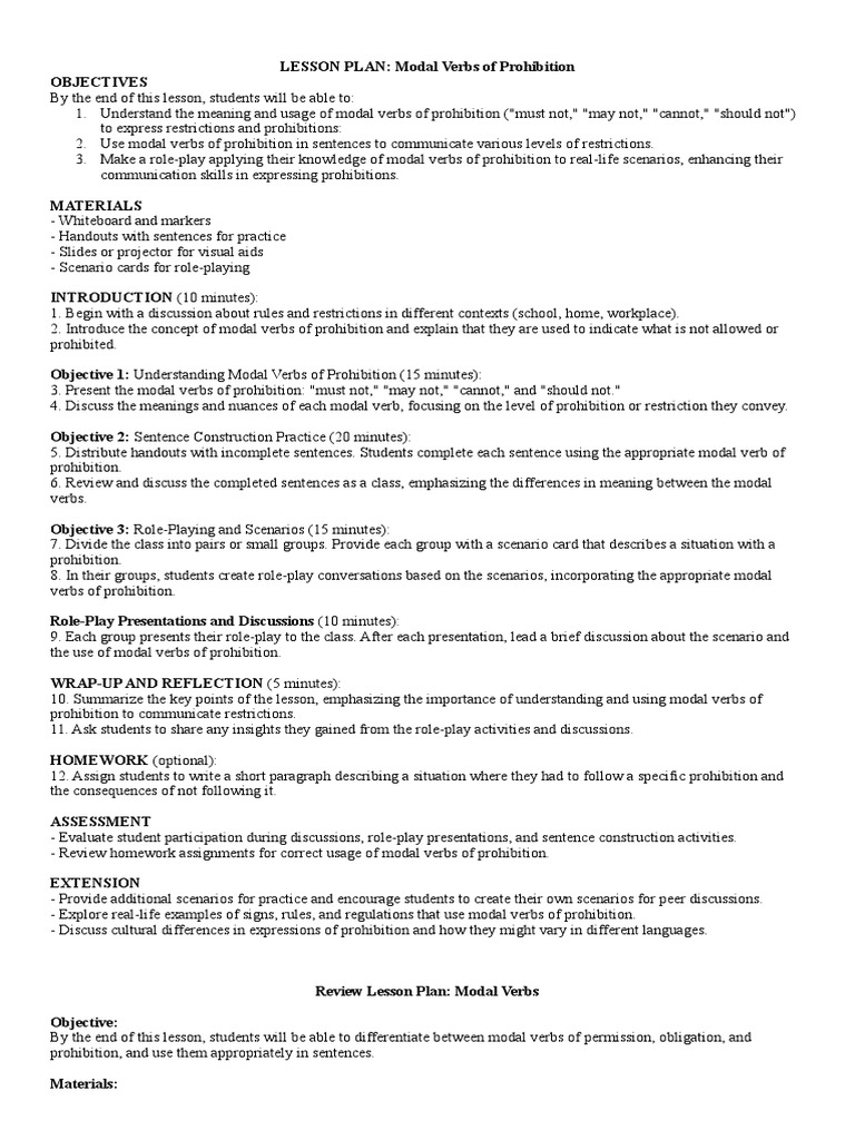 LESSON PLAN Modal Verbs of Prohibition | PDF | Verb | Lesson Plan