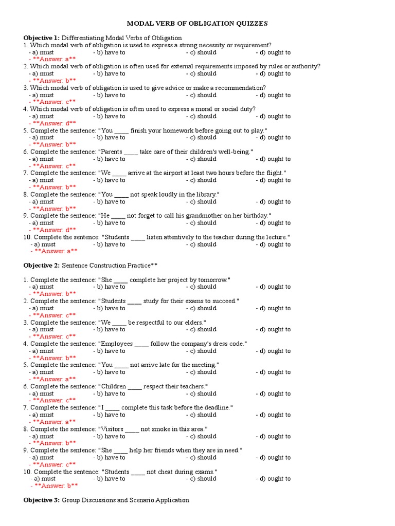 Modal Verbs of Obligation Worksheet | PDF | Mentorship | Verb