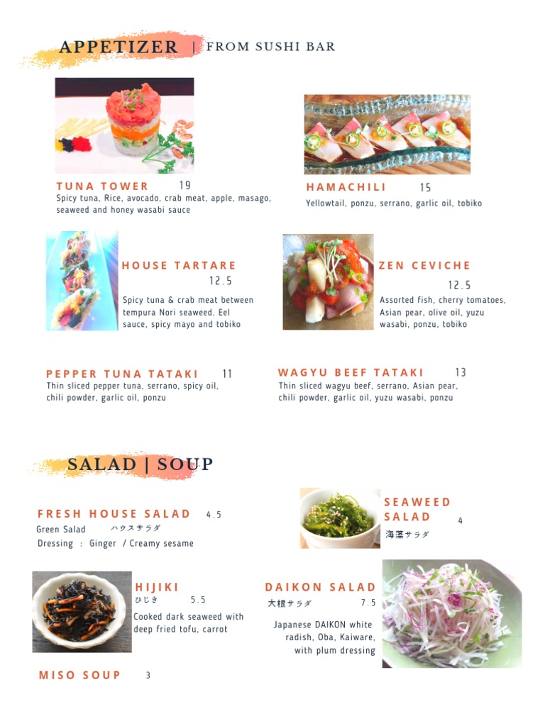 Zen Dinner Menu 06.27.23 | PDF | Japanese Cuisine | Sauce