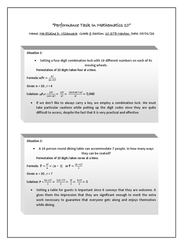 Performance Task in Mathematics 10 Permutation | PDF