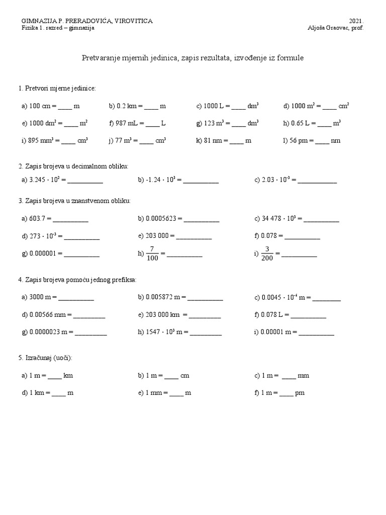 Pretvaranje Mjernih Jedinica, Zapis Rezultata, Izvođenje Iz Formule | PDF