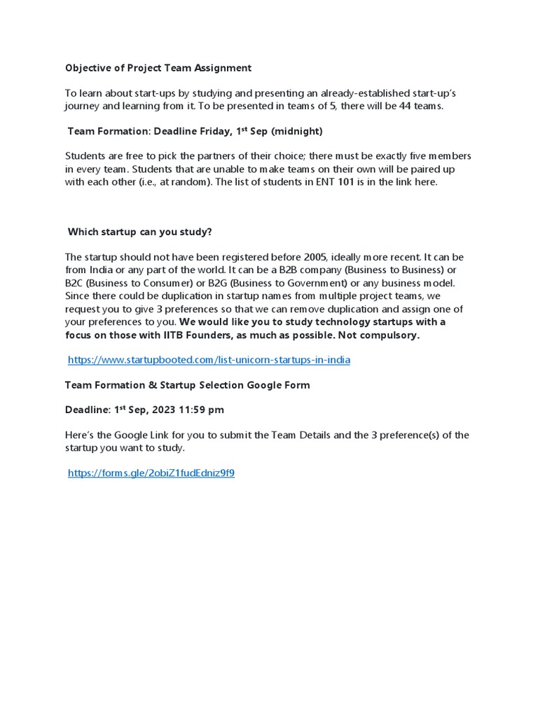 ENT101 Project Team Assignment Details Aut 2023 | PDF | Startup Company ...