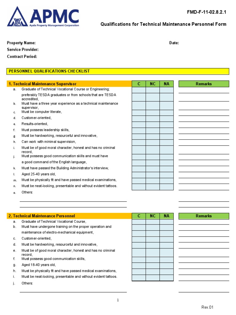 FMD-F-11-02.8.2.1 - List of Qualifications For Technical Maintenance ...