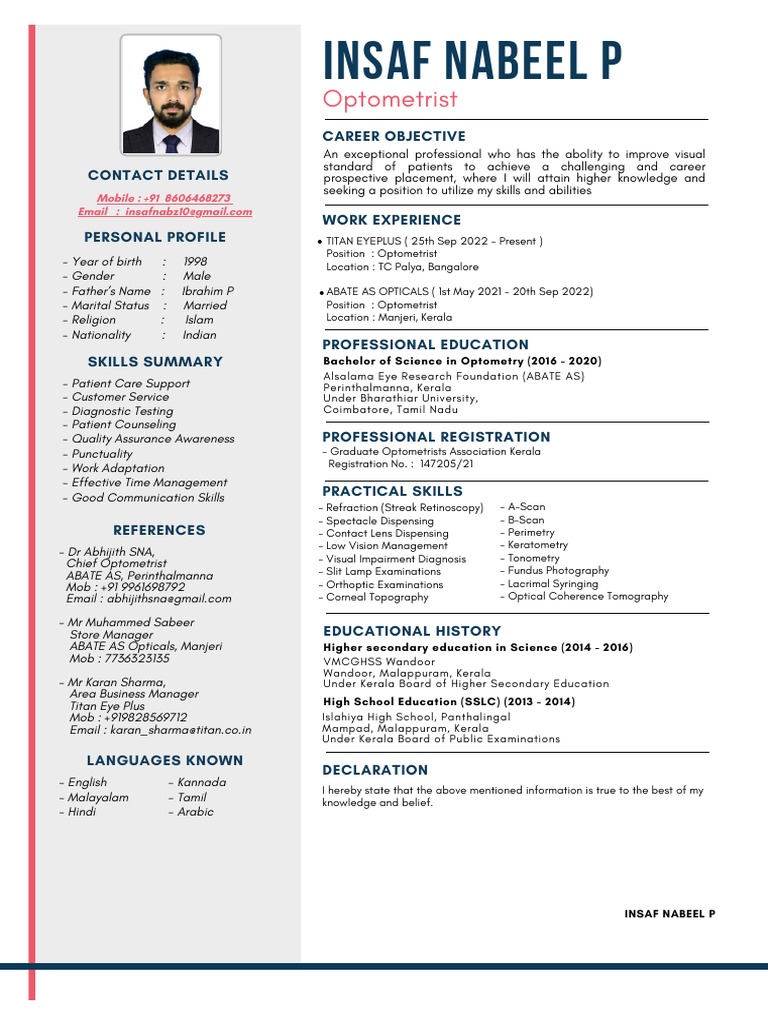 Insaf Nabeel P (Resume) | PDF | Optometry | Eye