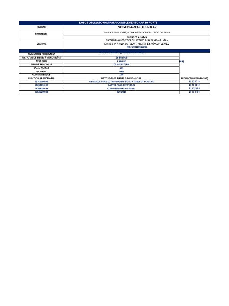 Datos Clave para Carta Porte X4G | PDF