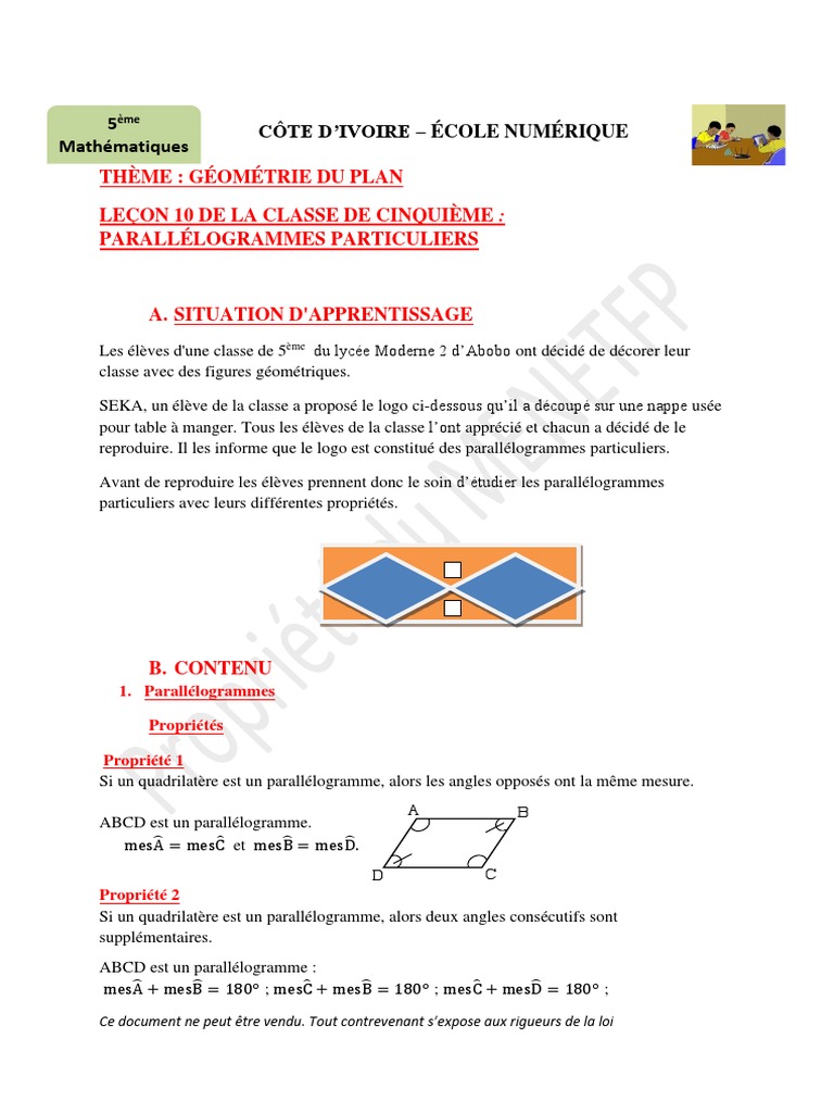 MATH 5ème Leçon 10 Parallèlogrammes Particuliers | PDF