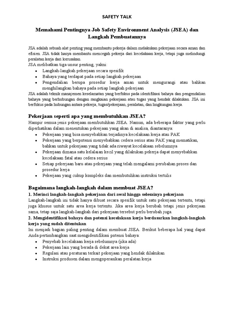 Memahami Pentingnya Job Safety Environment Analysis | PDF | Bisnis | Teknologi & Rekayasa