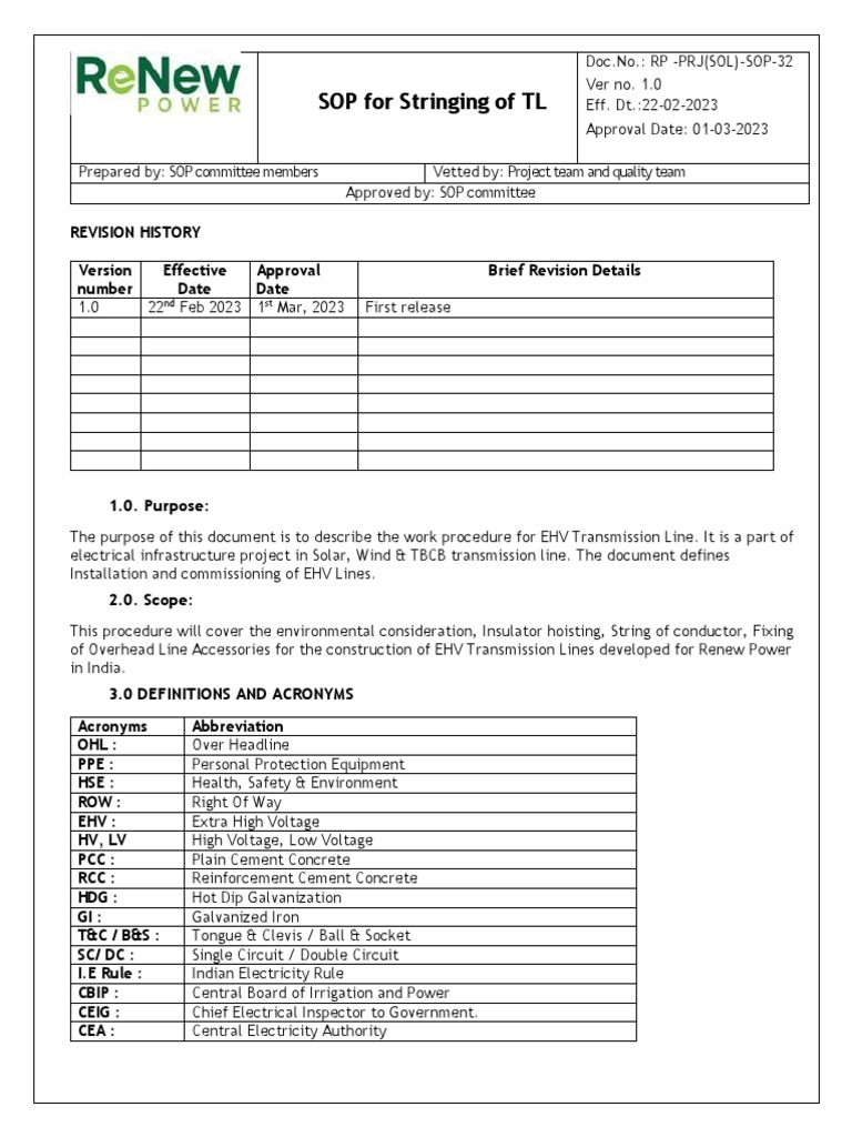 32 - SOP - Stringing of Transmission Line | PDF | Personal Protective Equipment | Employment