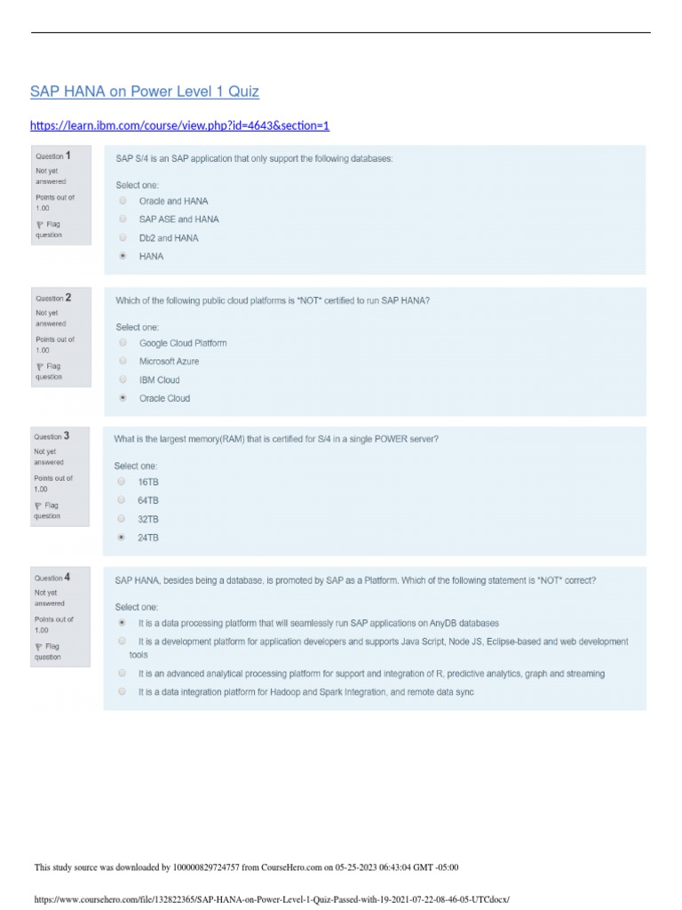 SAP HANA On Power Level 1 Quiz | PDF
