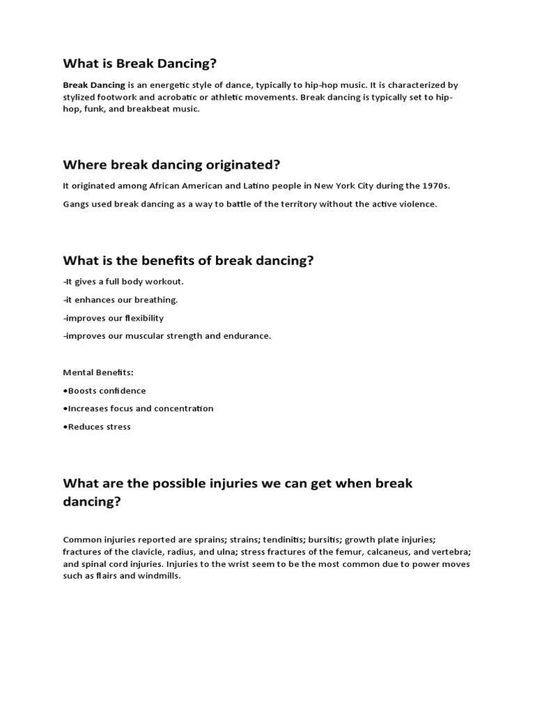 Break Dancing: Origins, Benefits, and Moves | PDF | Dances