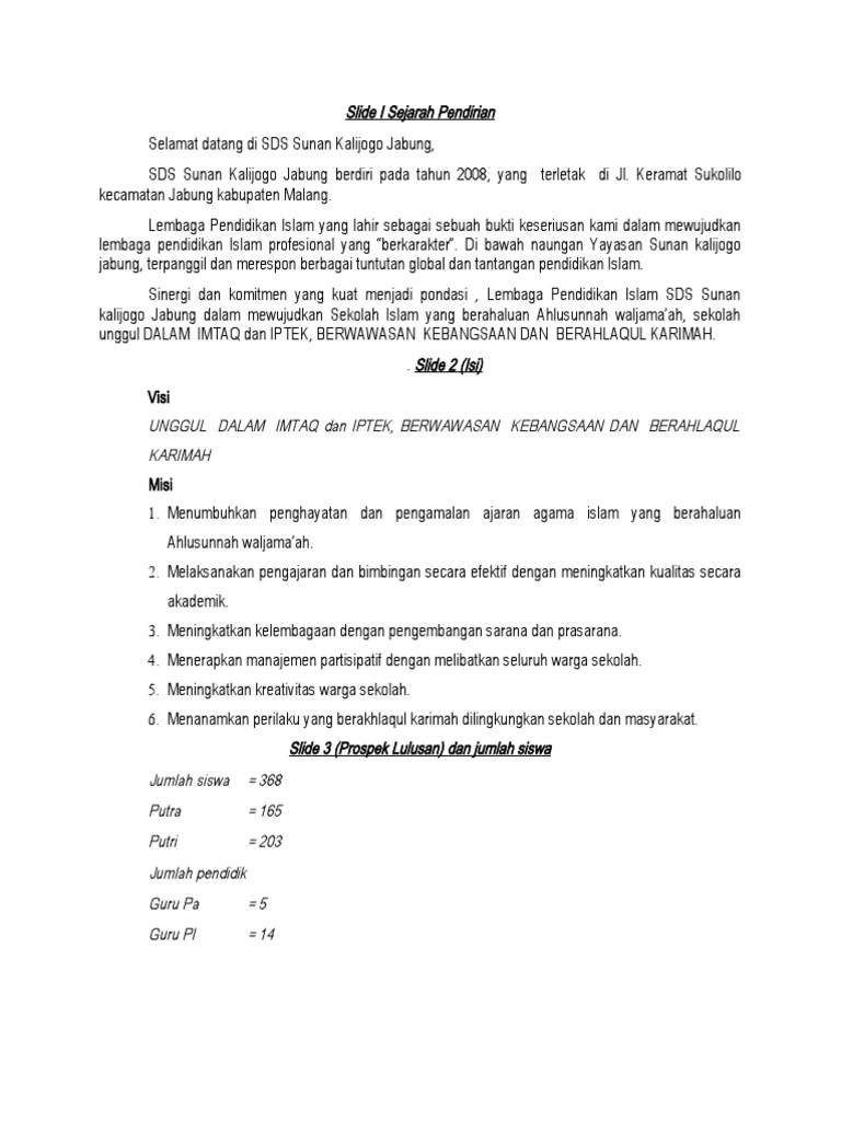 Script Profil SDS SUNAN KALIJOGO JABUNG 2023 | PDF | Karier & Perkembangan