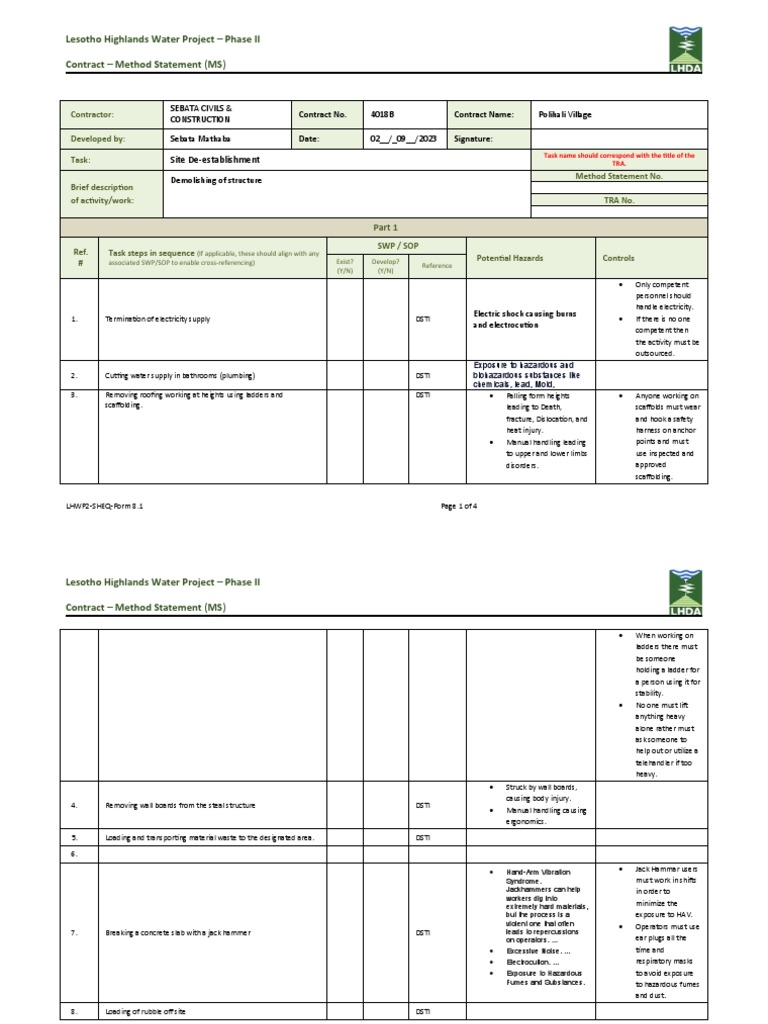 8.1 LHWP2 - Contract - MS - Template - V1.0 | PDF | Safety | Workplace