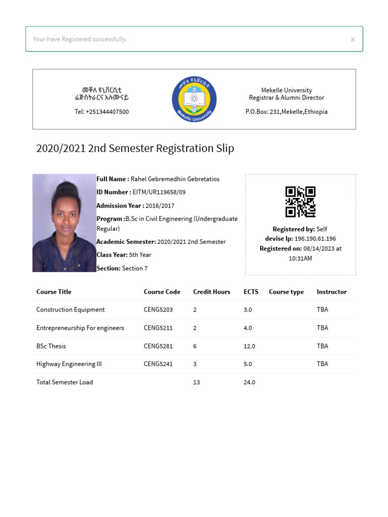 Mekelle University Registration Confirmation | PDF