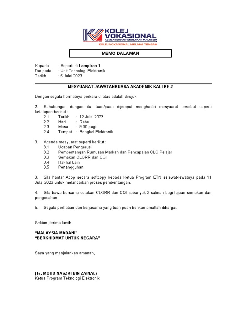 MEMO Mesyuarat Akademik 2 | PDF