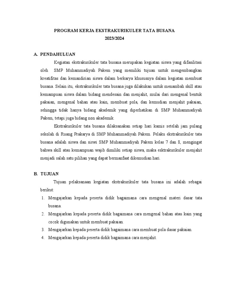 Program Kerja Ekstrakurikuler Tata Busana | PDF