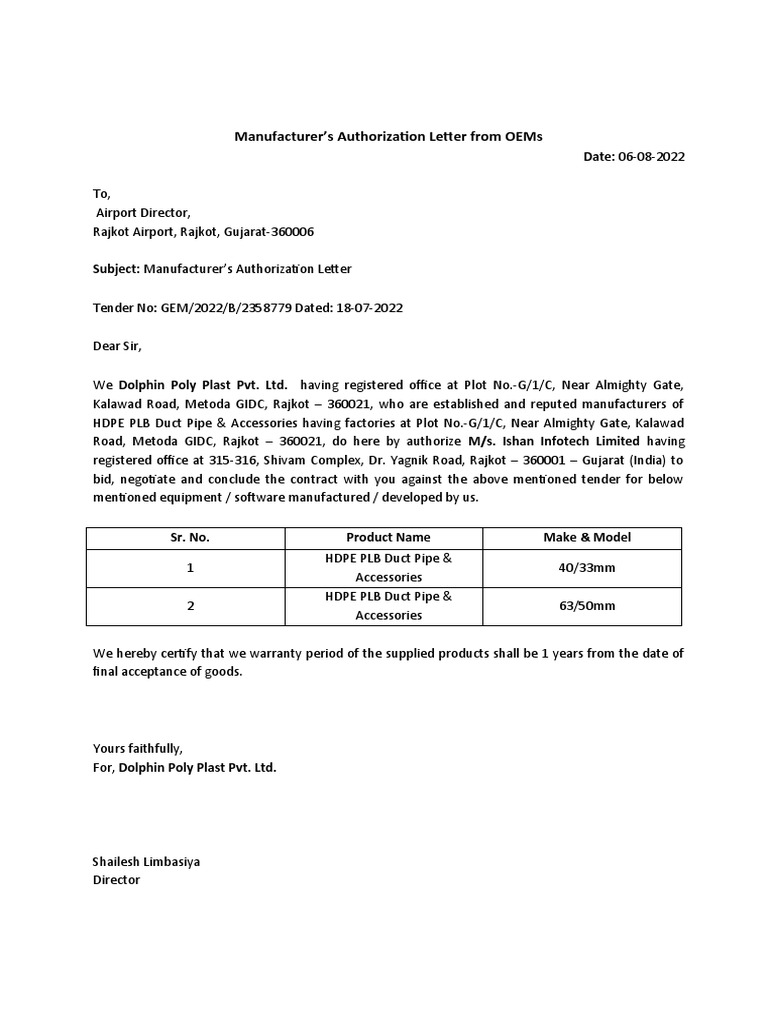 Manufacturer'S Authorization Letter From Oems: Date: 06-08-2022 | PDF