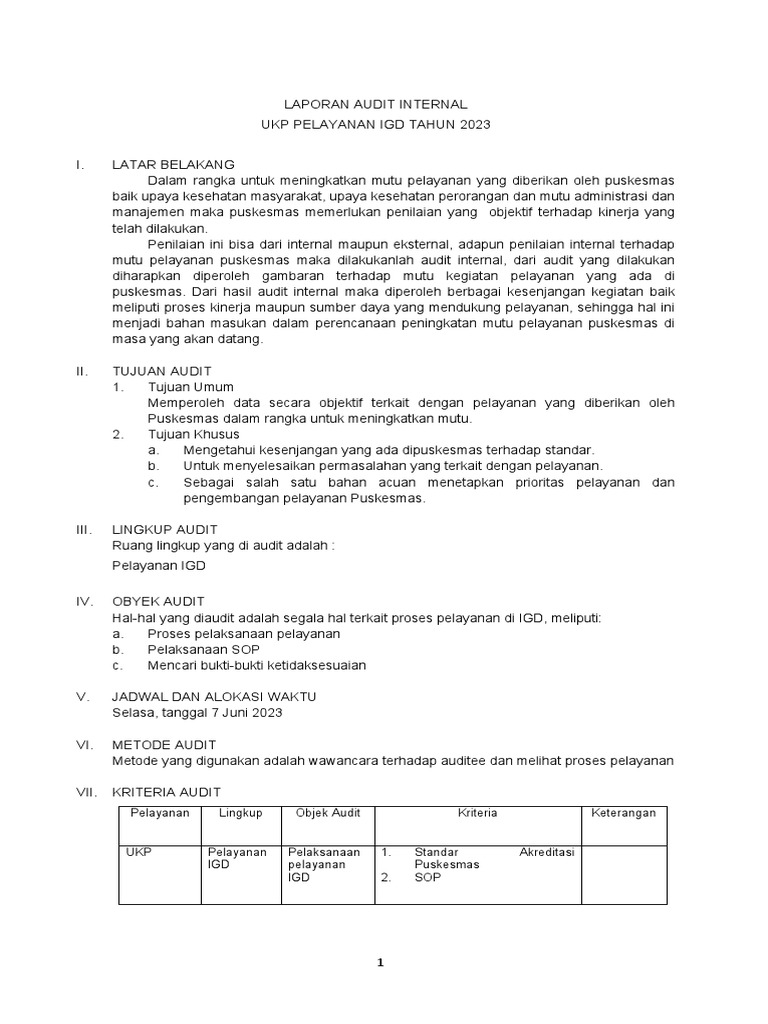 Audit Internal Pelayanan IGD 2023 | PDF