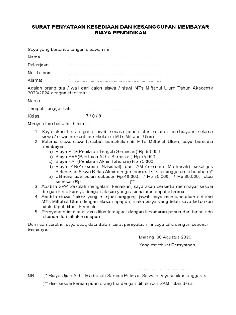 Contoh Surat Kesanggupan Membayar SPP Sekolah | PDF