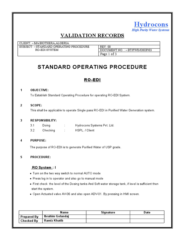 Ro-Edi Operation Sop | PDF | Gas Technologies | Chemical Engineering