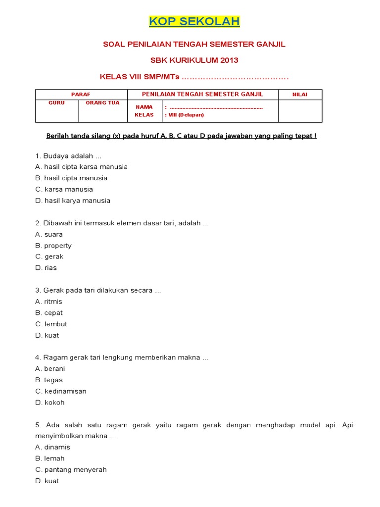 8 - Soal PTS SBK Kelas 8 Semester 1 | PDF