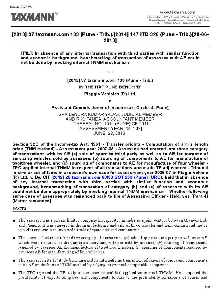 Piaggio Vehicles (P.) Ltd. (2014) 147 ITD 328 (Pune Trib.) | PDF ...