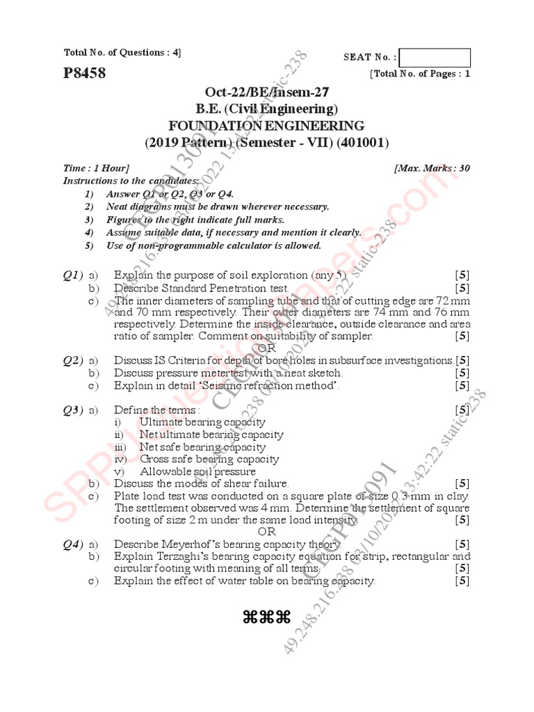 Be - Civil Engineering - Semester 7 - 2022 - October - Foundation Engineering Fe Pattern 2019 ...