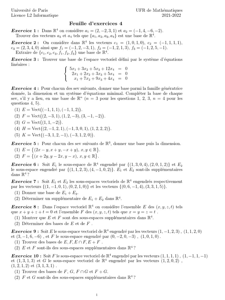 Exercices de bases en R4 et R3 | PDF | Espace vectoriel | Analyse ...