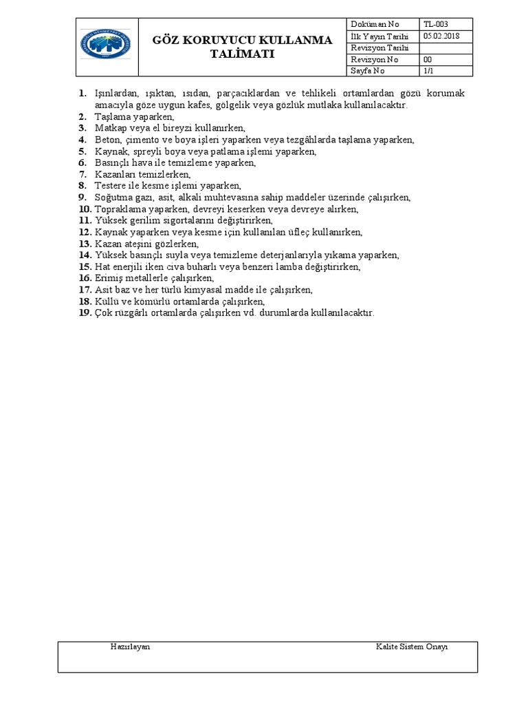 TL-003-Göz Koruyucu Kullanma Talimatı | PDF