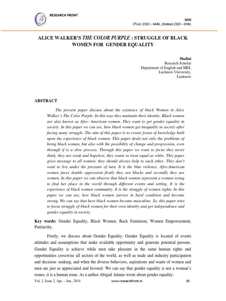 Alice Walker'S The Color Purple: Struggle of Black: Women For Gender ...
