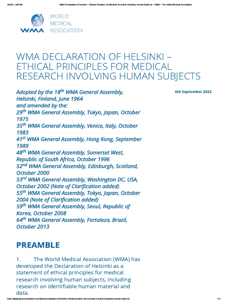 WMA Declaration of Helsinki - Ethical Principles For Medical Research ...