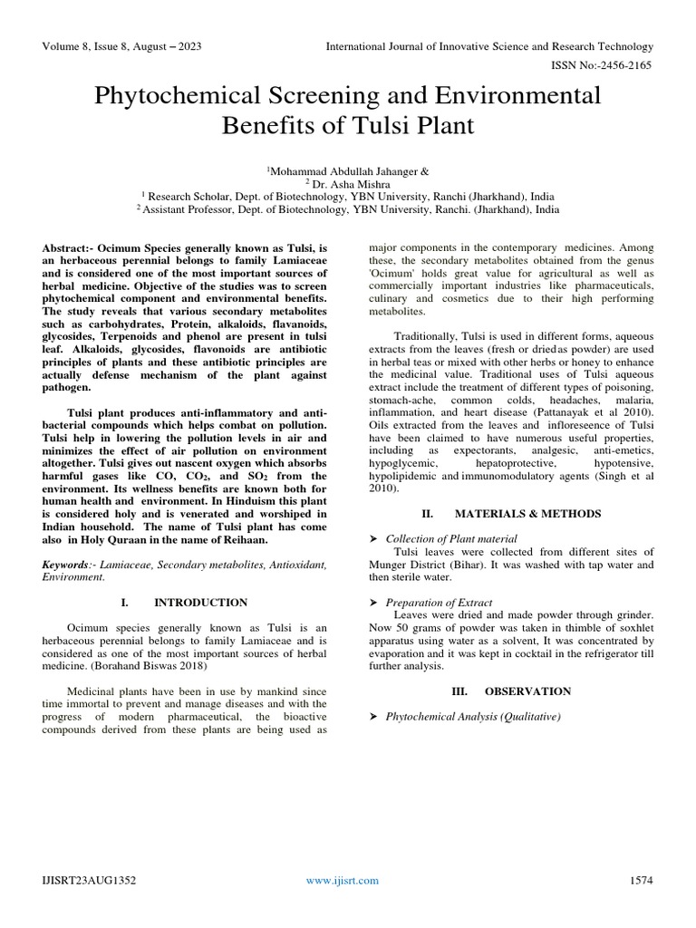 Phytochemical Screening and Environmental Benefits of Tulsi Plant | PDF ...