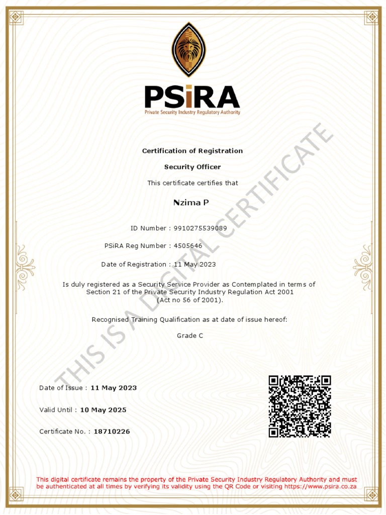 PSIRA Grade C Security Certificate | PDF
