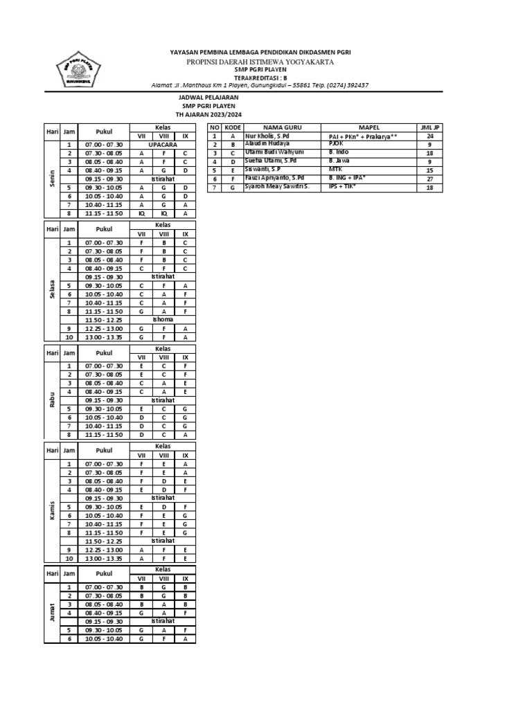 New Jadwal Pelajaran SMP Pgri 2023-2024 | PDF