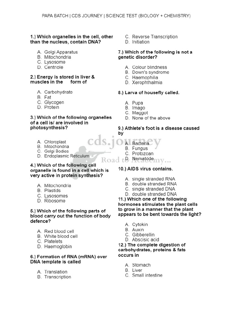 Cds Journey Science Test Biology + Chemistry Test No 001 | PDF