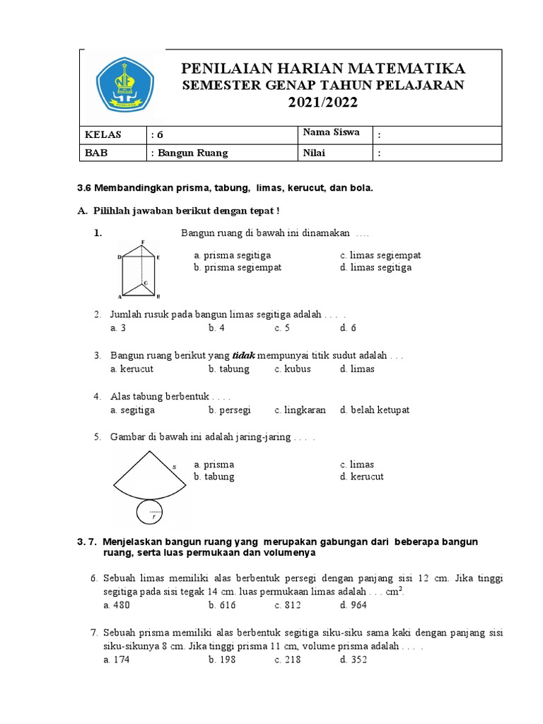 Ulangan Bab Bangun Ruang Semester 2 | PDF | Griya & Taman | Seni