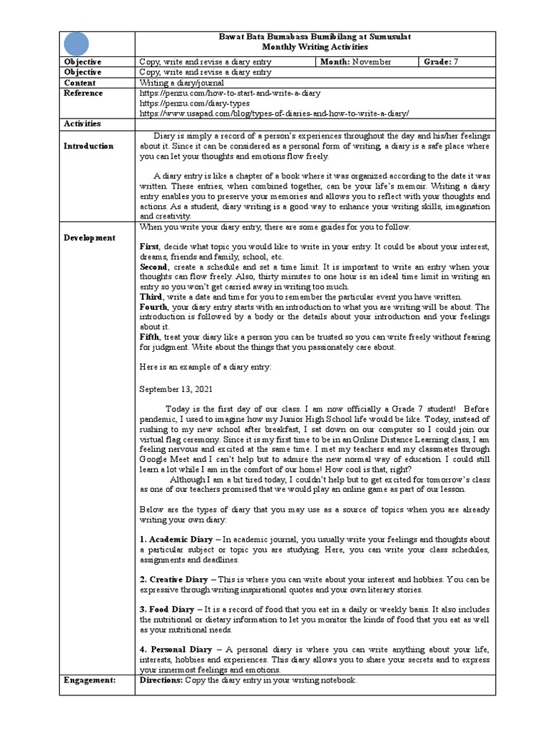 Grade 7 Writing A Diary | PDF | Diary | Thought