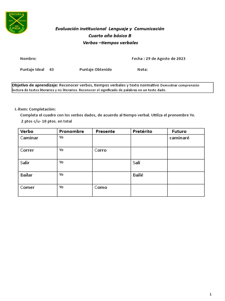 Prueba Tiempos Verbales Cuarto Basico (Reparado) | PDF | Verbo | Gramática