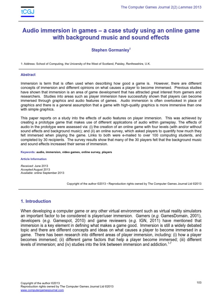 Audio Immersion in Games - A Case Study Using An Online Game With ...