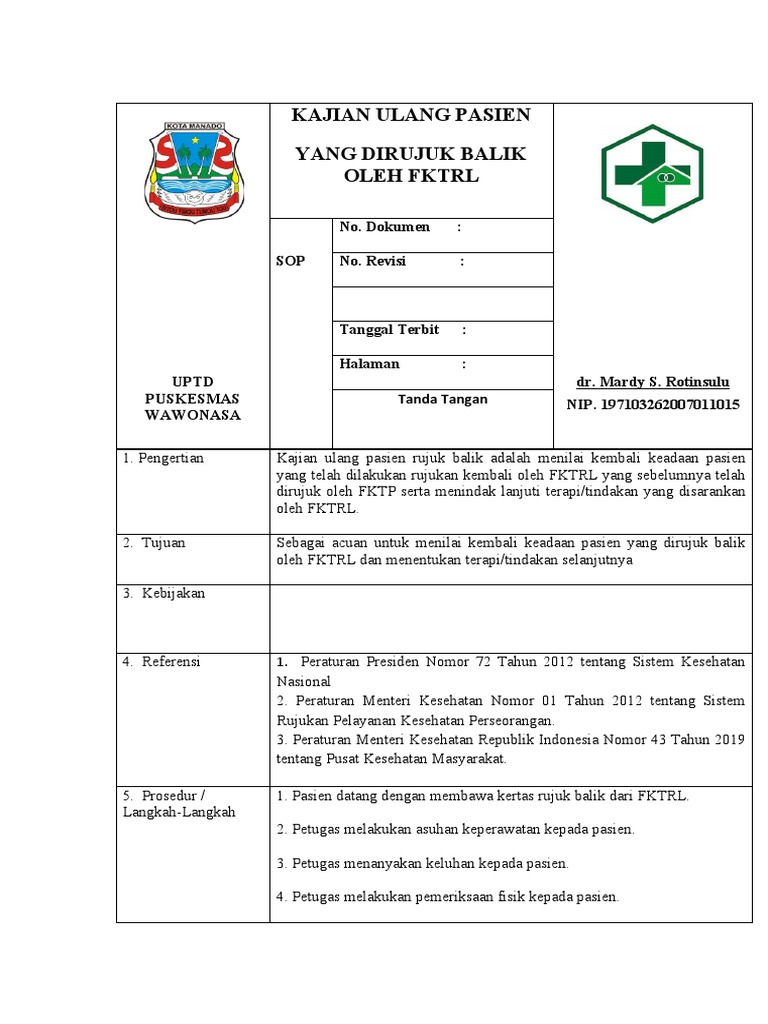 Sop Kajian Ulang Kondisi Pasien Rujuk Balik FKTRL | PDF