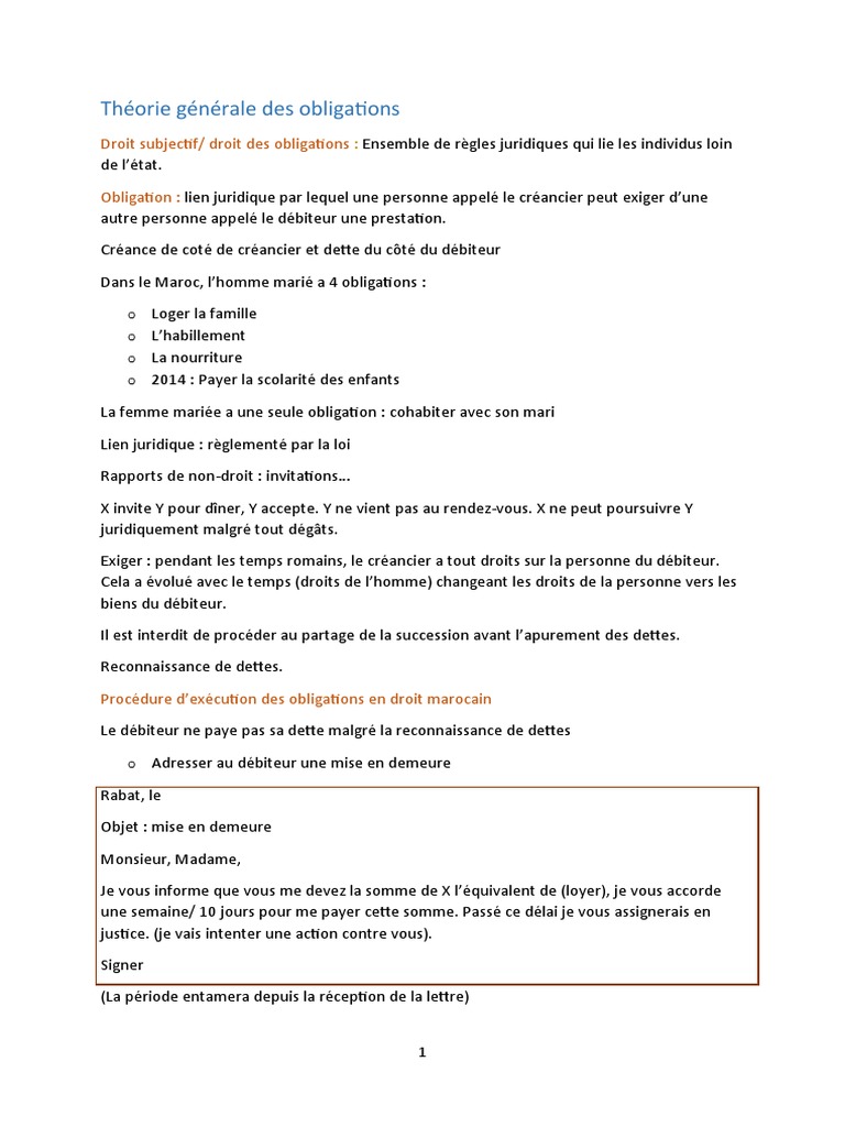 Théorie des obligations au Maroc | PDF | Droit des obligations | Débiteur