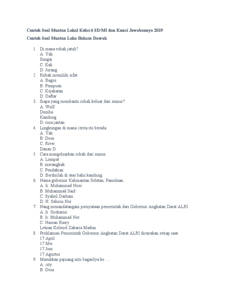 Contoh Soal Muatan Lokal Kelas 6 SD | PDF