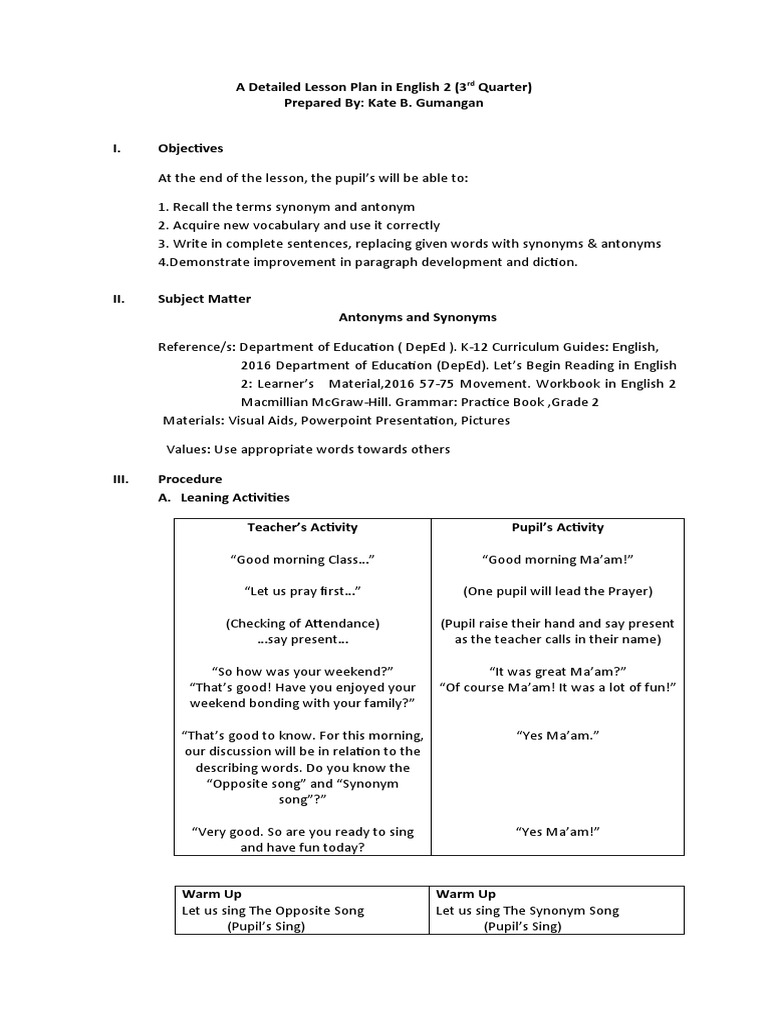 Lesson Plan: Synonyms and Antonyms | PDF | Lesson Plan | Human ...