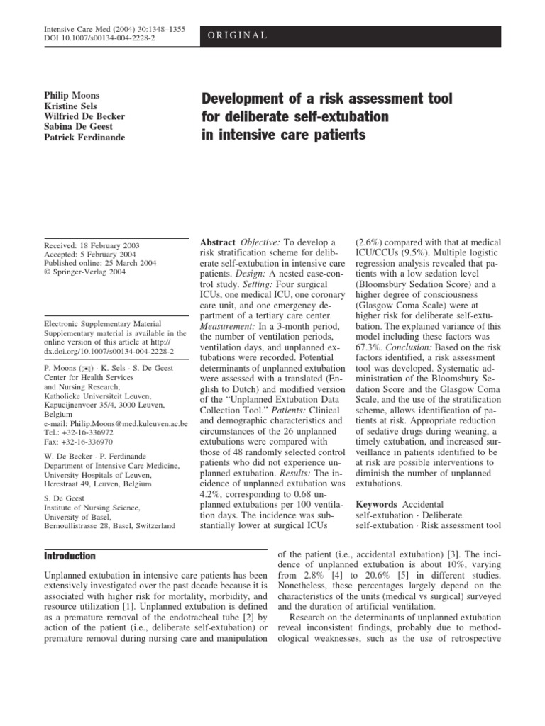 Development of A Risk Assessment Tool For Deliberate Self-Extubation in ...