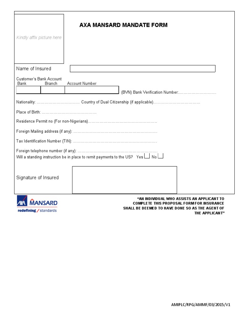 AXA Mansard Mandate Form | PDF