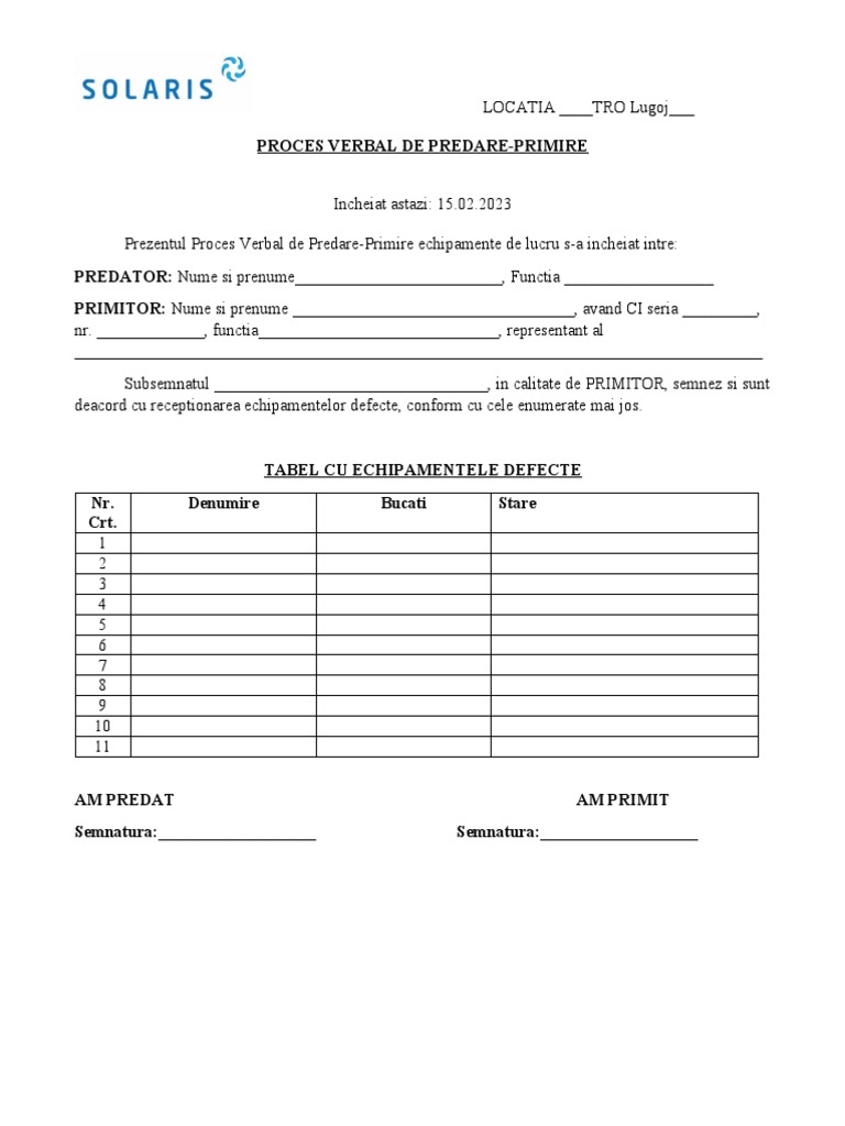 Proces Verbal de Predare Echipamente Defecte | PDF