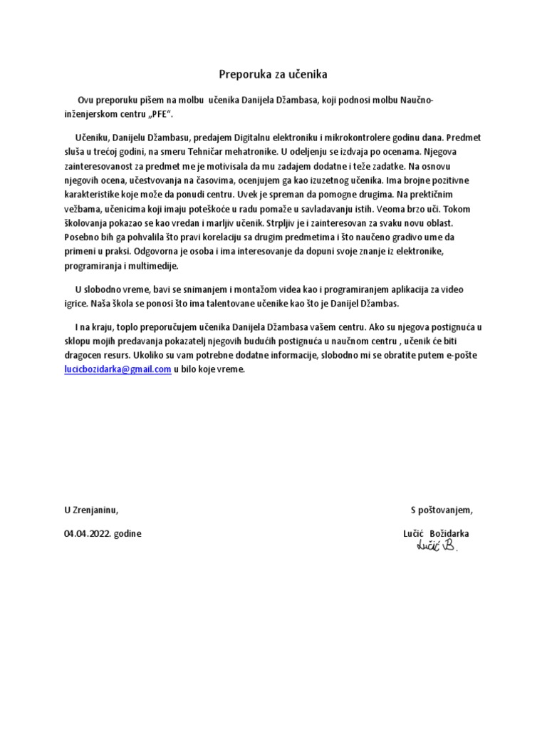 Preporuka Za Učenika | PDF