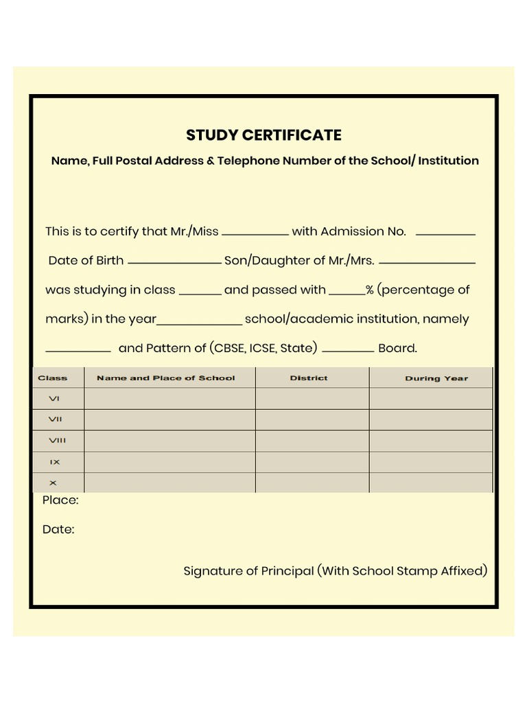 Study Certificate Format For School Students | PDF